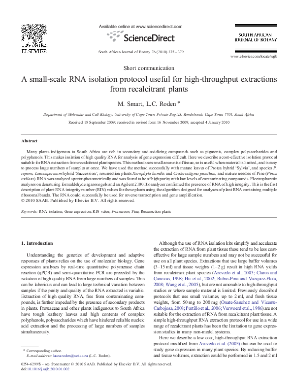 Pdf A Small Scale Rna Isolation Protocol Useful For High Throughput Extractions From