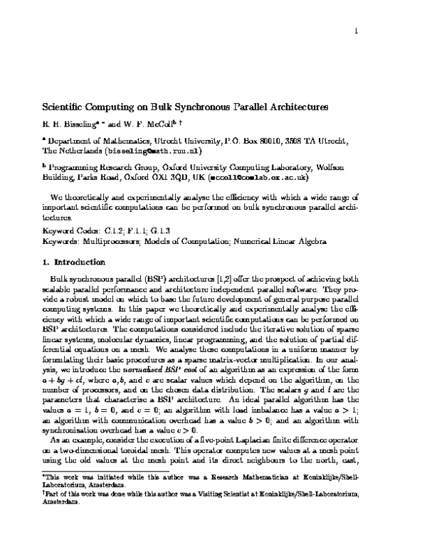 Pdf Scientific Computing On Bulk Synchronous Parallel Architectures