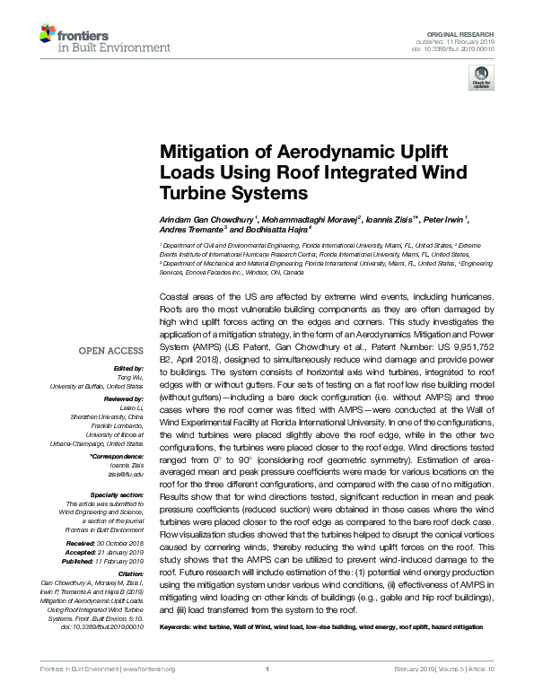 (PDF) Mitigation of Aerodynamic Uplift Loads Using Roof Integrated Wind Turbine Systems