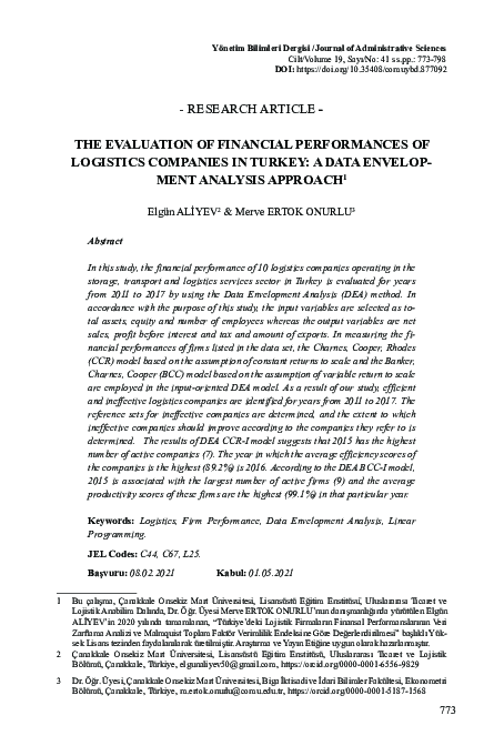 (PDF) The Evaluation of Financial Performances of Logistics Companies in Turkey: A Data ...