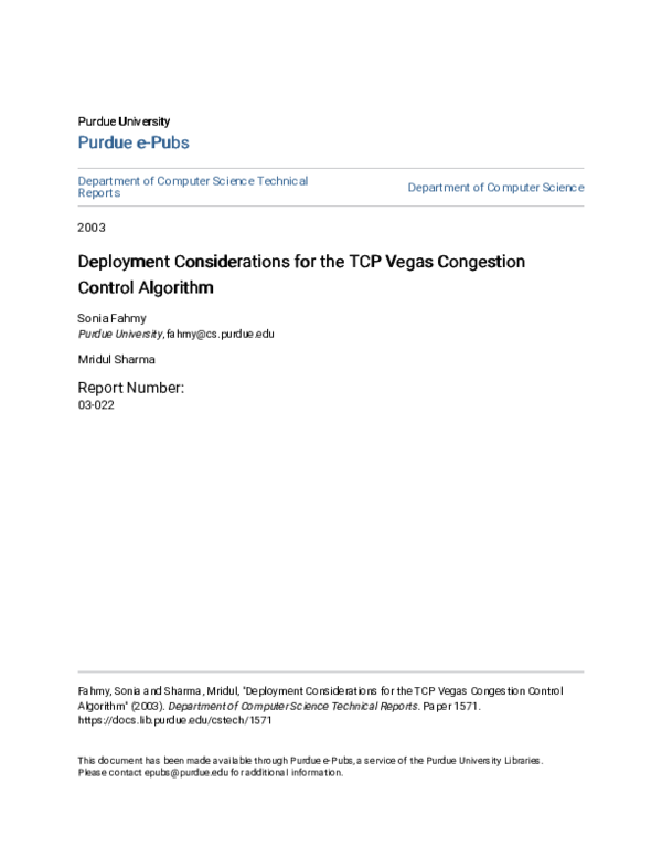(PDF) Deployment Considerations for the TCP Vegas Congestion Control Algorithm