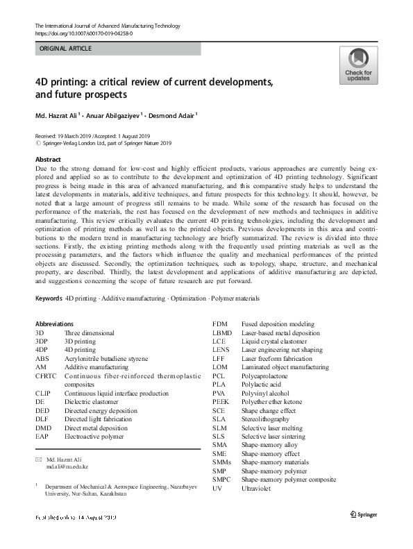 (PDF) 4D printing: a critical review of current developments, and ...