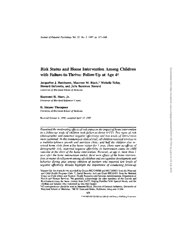 (PDF) Risk Status and Home Intervention Among Children with Failure-to-Thrive: Folow-Up at Age 4 ...