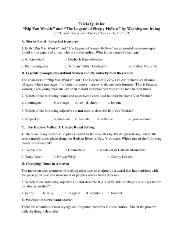 (PDF) Trivia Quiz for "Rip Van Winkle" and "The Legend of Sleepy Hollow ...