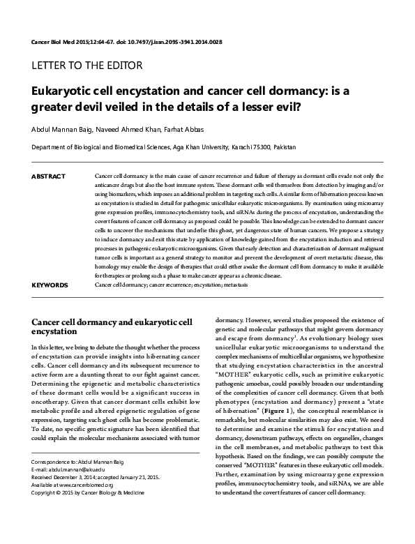 (PDF) Eukaryotic cell encystation and cancer cell dormancy: is a ...