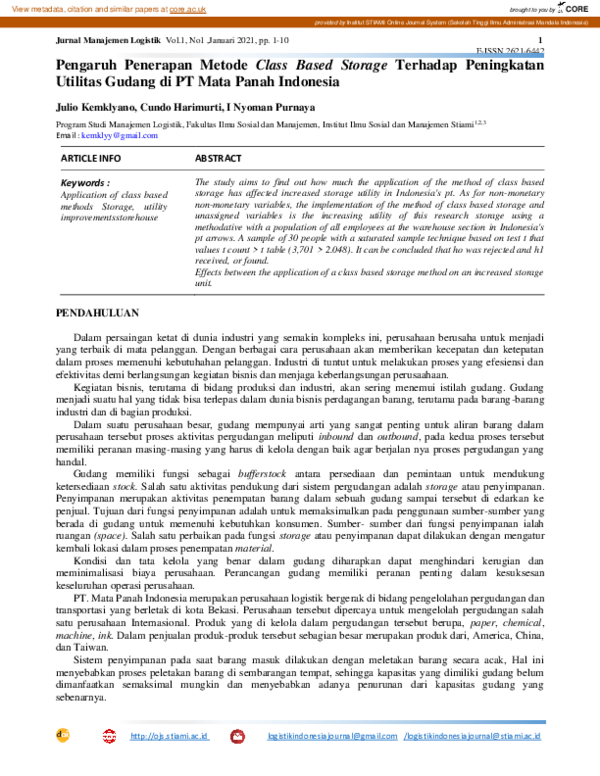 (PDF) Pengaruh Penerapan Metode Class Based Storage Terhadap Peningkatan Utilitas Gudang di PT ...