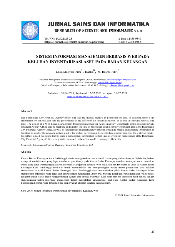 (PDF) Sistem Informasi Manajemen Berbasis Web Pada Keluhan Inventarisasi Aset Pada Badan Keuangan