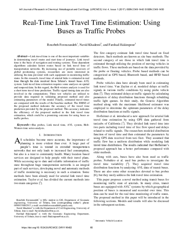 Pdf Real Time Link Travel Time Estimation Using Buses As Traffic Probes