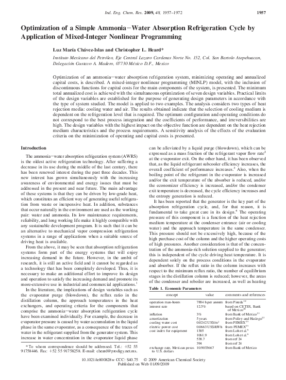 (PDF) Optimization of a Simple Ammonia−Water Absorption Refrigeration Cycle by Application of ...