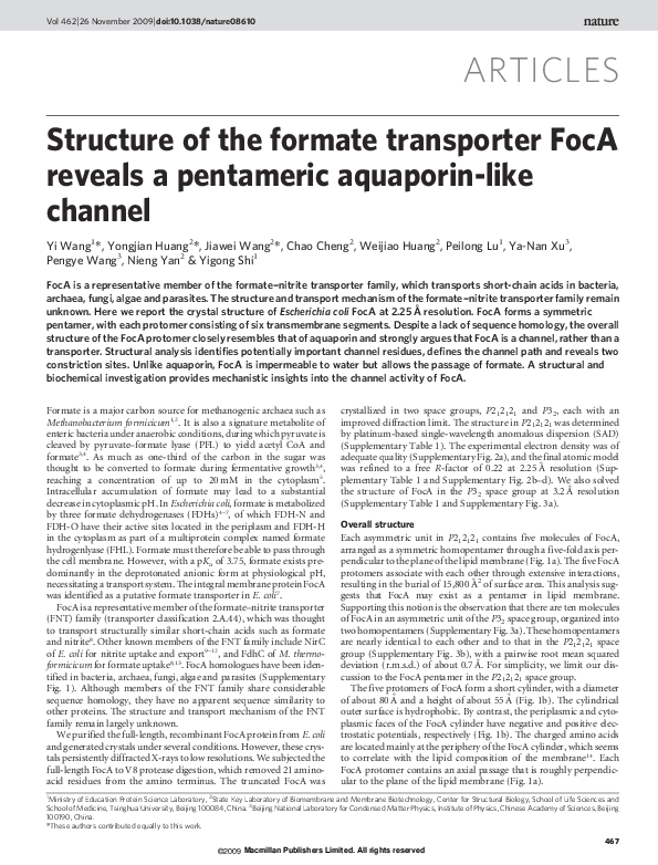 (PDF) Structure of the formate transporter FocA reveals a pentameric ...