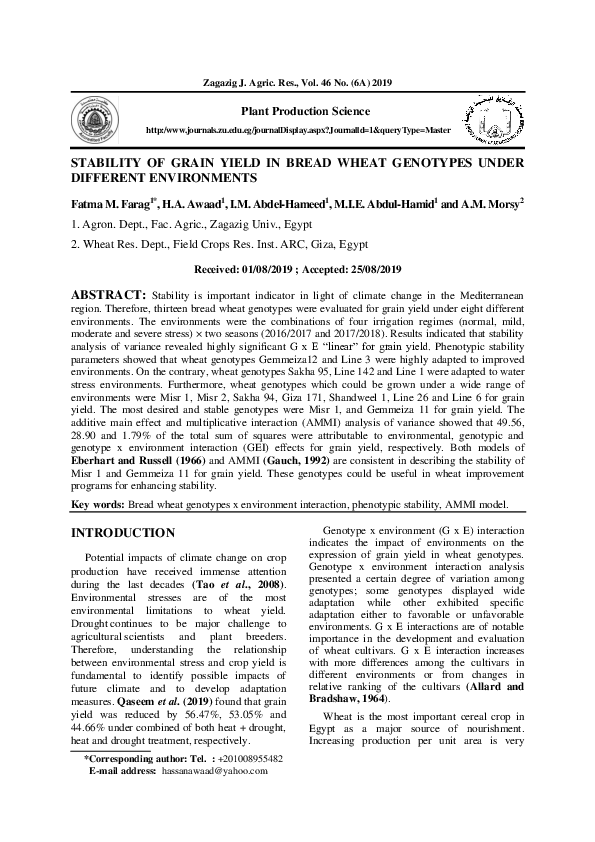 (PDF) Wheat Genotype Yield Stability Across Environments