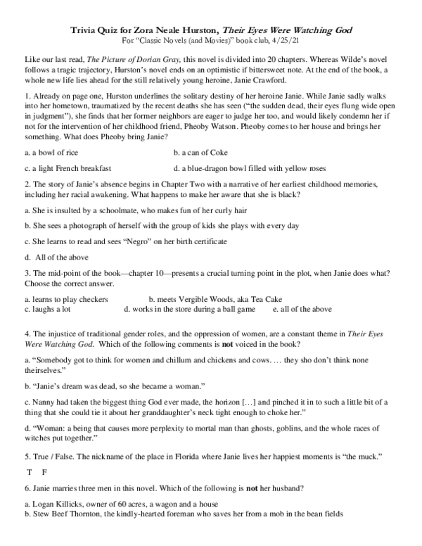 (PDF) Trivia Quiz for Zora Neale Hurston, "Their Eyes Were Watching God"