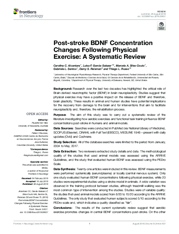 (PDF) BDNF Changes After Exercise Post-Stroke: Review