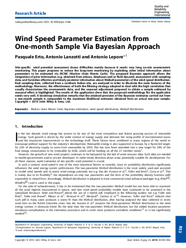 (PDF) Wind speed parameter estimation from one-month sample via Bayesian approach