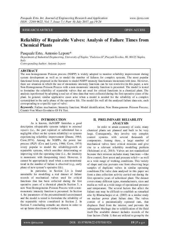 (PDF) Reliability of Repairable Valves: Analysis of Failure Times from ...