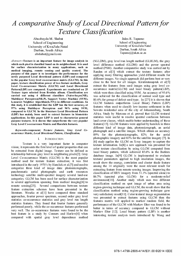 (PDF) A comparative study of Local directional pattern for texture classification