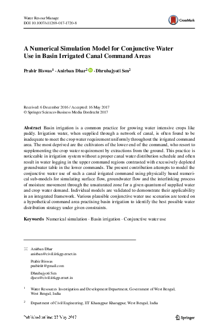 (PDF) A Numerical Simulation Model for Conjunctive Water Use in Basin Irrigated Canal Command Areas