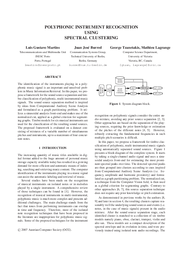 (PDF) Polyphonic Instrument Recognition Using Spectral Clustering