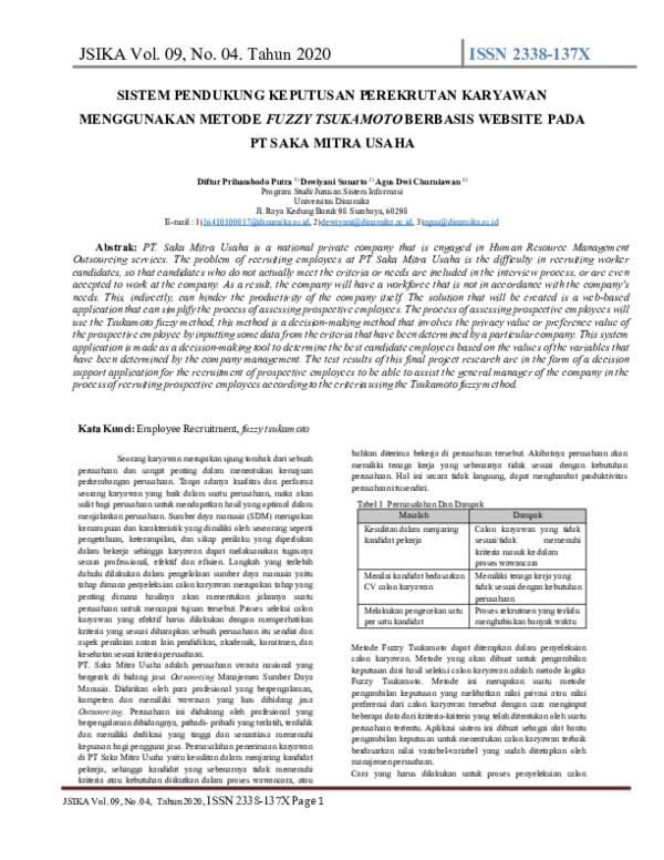 (PDF) Sistem Pendukung Keputusan Perekrutan Karyawan Menggunakan Metode Fuzzy Tsukamoto Berbasis ...