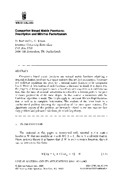 (PDF) Companion based matrix functions: Description and minimal factorization | Harm Bart ...