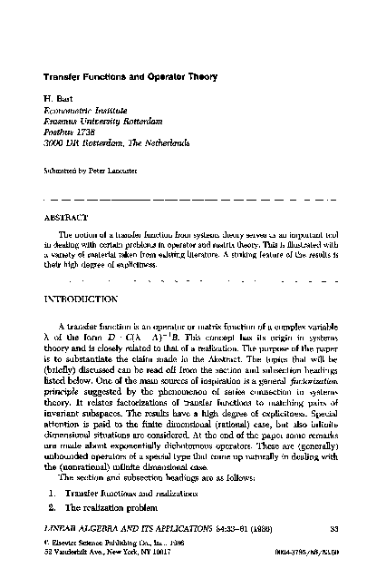 (PDF) Transfer functions and operator theory | Harm Bart - Academia.edu