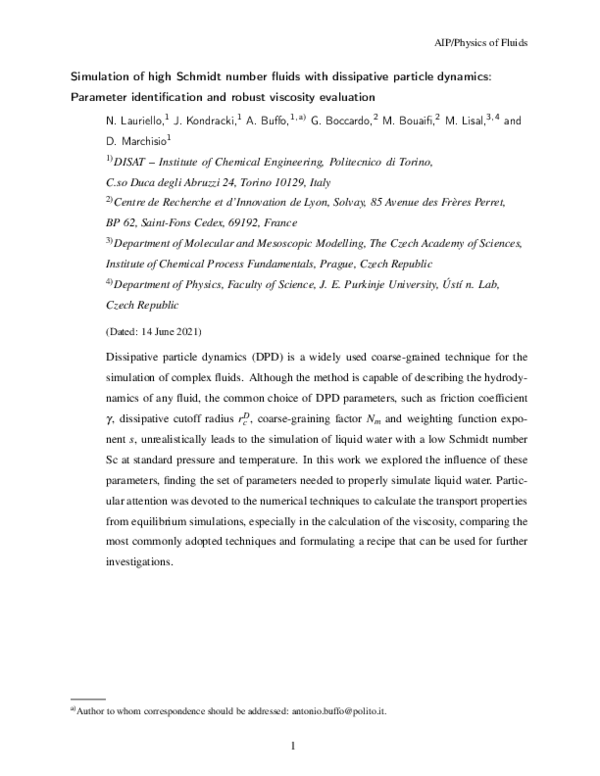 (PDF) Simulation of high Schmidt number fluids with dissipative particle dynamics: Parameter ...