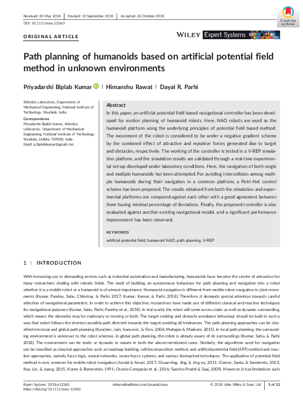 (PDF) Path planning of humanoids based on artificial potential field method in unknown environments
