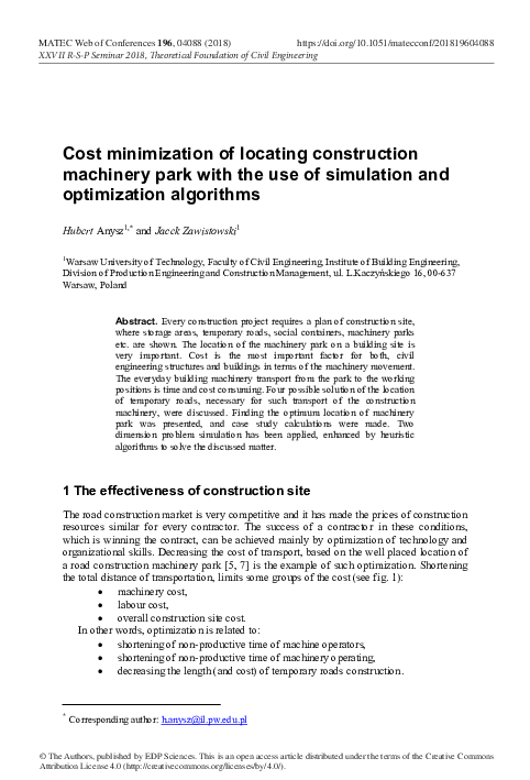 (PDF) Cost minimization of locating construction machinery park with the use of simulation and ...