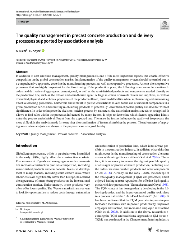 (PDF) The quality management in precast concrete production and ...