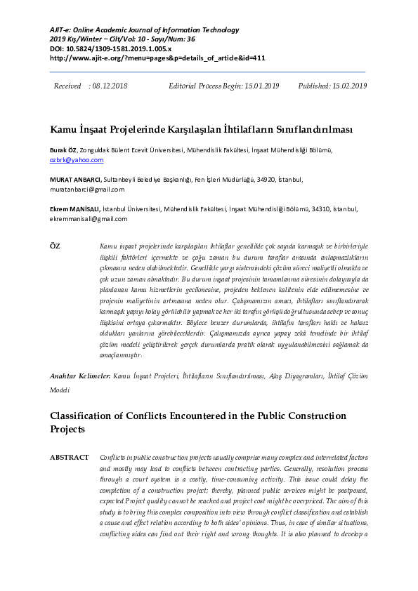 (PDF) Classification of Conflicts Encountered in the Public Construction Projects | Murat ...