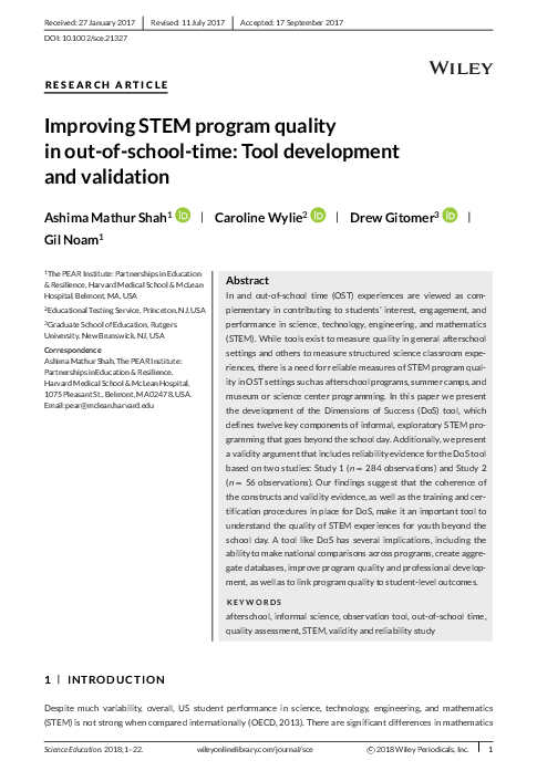 (PDF) Improving STEM program quality in out‐of‐school‐time: Tool development and validation