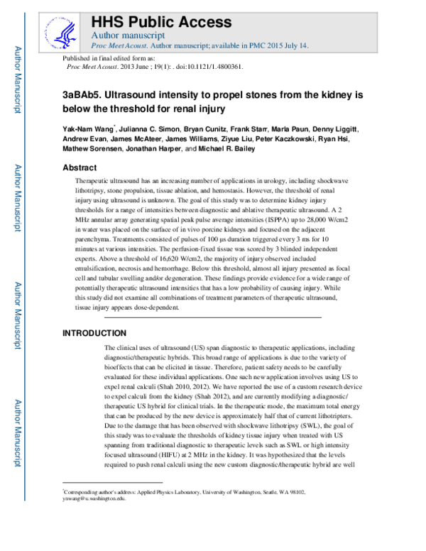 (PDF) Ultrasound intensity to propel stones from the kidney is below ...