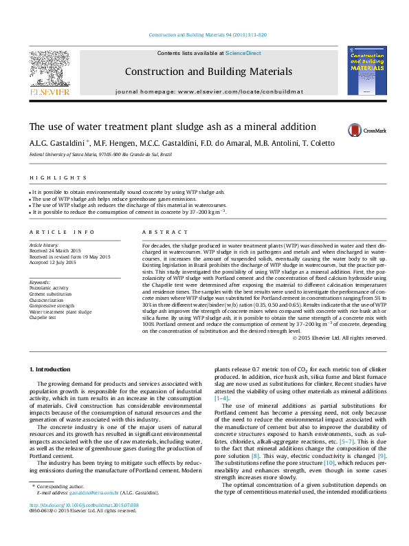 (PDF) The use of water treatment plant sludge ash as a mineral addition