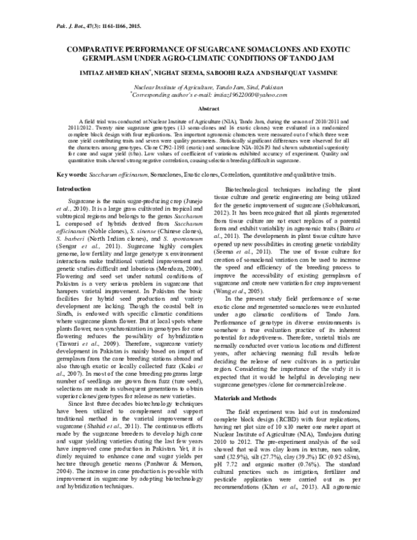 (PDF) Comparative performance of sugarcane somaclones and exotic germplasm under agro-climatic ...