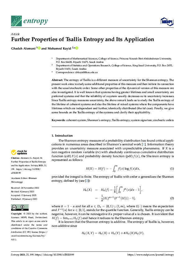 Pdf Further Properties Of Tsallis Entropy And Its Application