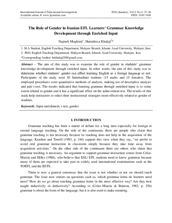 (PDF) The Role of Gender in Iranian EFL Learners' Grammar Knowledge Development through Enriched ...