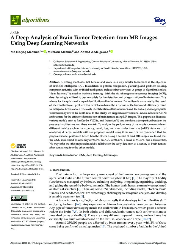 (PDF) A Deep Analysis of Brain Tumor Detection from MR Images Using Deep Learning Networks