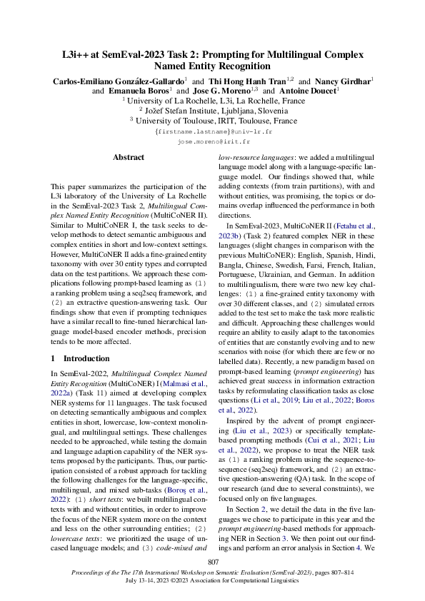 Pdf L3i At Semeval 2023 Task 2 Prompting For Multilingual Complex Named Entity Recognition 3131