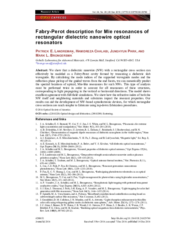(PDF) Fabry-Perot description for Mie resonances of rectangular ...