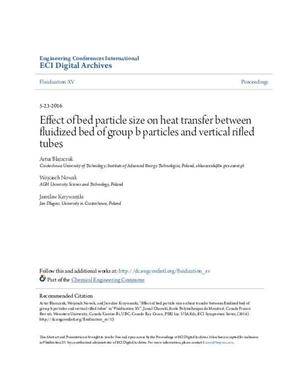 (PDF) Effect of bed particle size on heat transfer between fluidized bed of group b particles ...