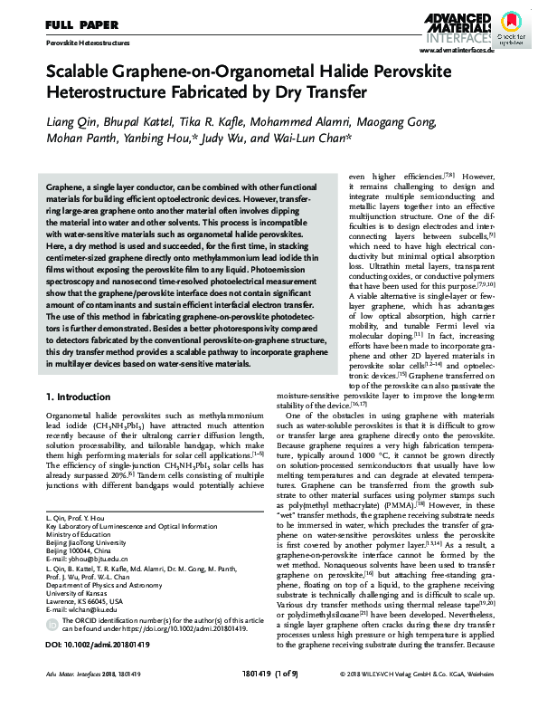 (PDF) Scalable Graphene‐on‐Organometal Halide Perovskite Heterostructure Fabricated by Dry Transfer
