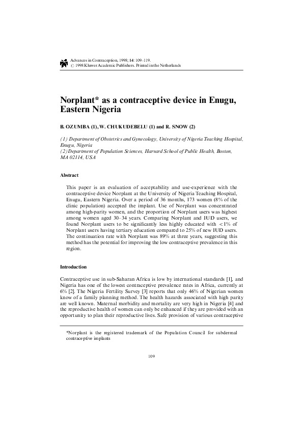 (PDF) Norplant as a contraceptive device in Enugu, eastern Nigeria