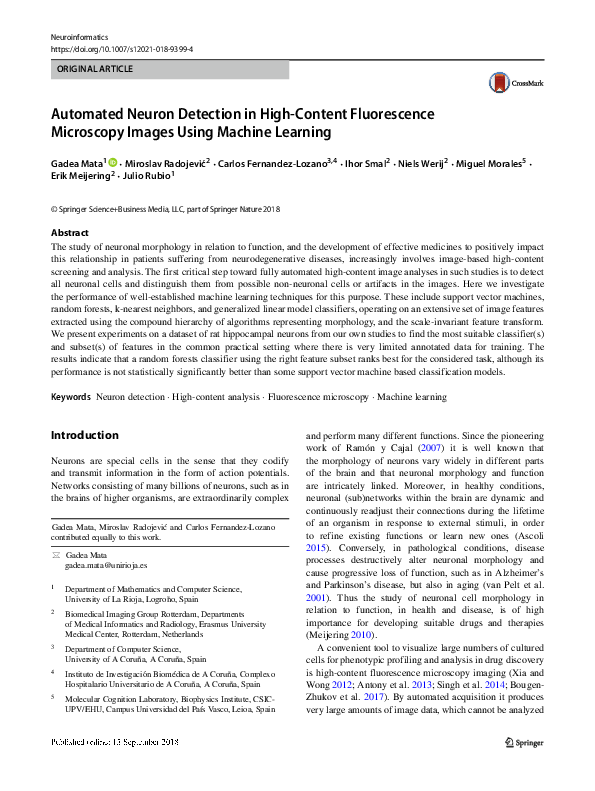 (PDF) Automated Neuron Detection in High-Content Fluorescence Microscopy Images Using Machine ...