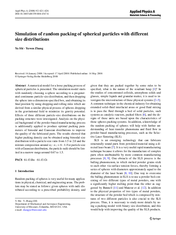 (PDF) Simulation of random packing of spherical particles with ...