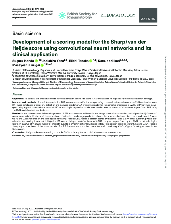 (PDF) Development of a scoring model for the Sharp/van der Heijde score using convolutional ...