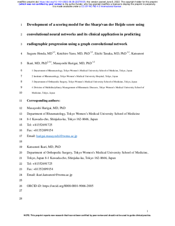 (PDF) Development of a scoring model for the Sharp/van der Heijde score using convolutional ...