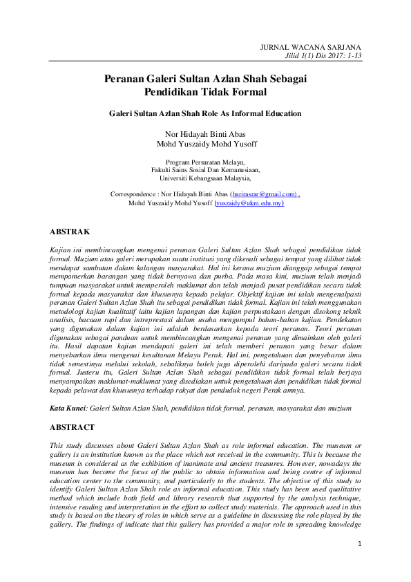 (PDF) Peranan Galeri Sultan Azlan Shah Sebagai Pendidikan Tidak Formal