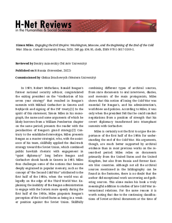 (PDF) Review of Simon Miles's Engaging the Evil Empire: Washington ...