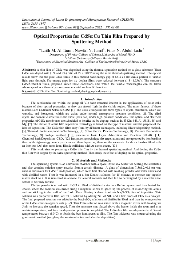 (PDF) Optical Properties for CdSe:Cu Thin Film Prepared by Sputtering Method