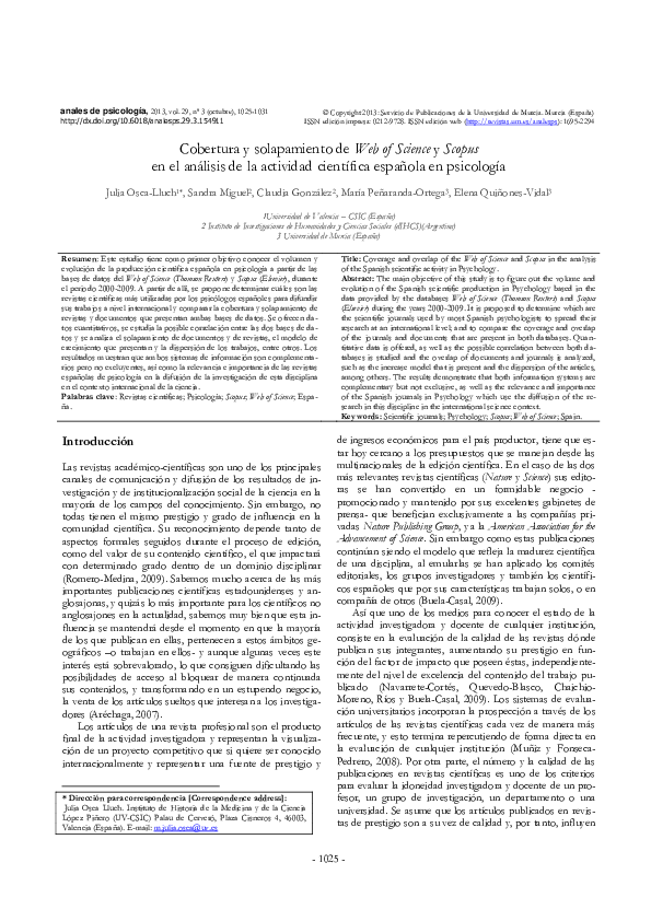 (PDF) Cobertura y solapamiento de Web of Science y Scopus en el ...